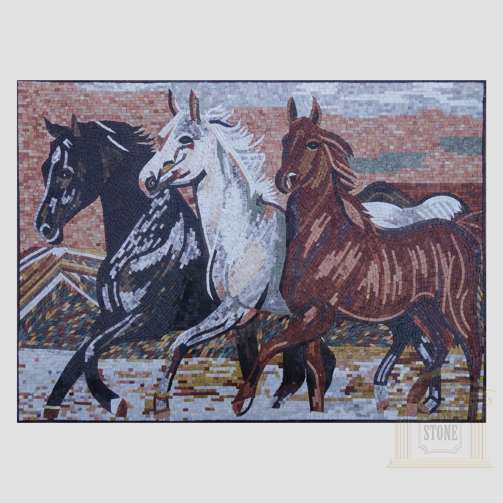Running Horses Marble Stone Mosaic Art - Stone Mosaic